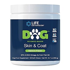 Life Extension Dog Skin & Coat - Dog Food Supplement for Healthy Skin and Coat – Omega-3 Fish Oil for Dogs, Salmon Flavor, No Artificial Colors or Flavors - 90 Soft Chews