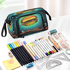 Emelivor Cartoon Hamburger Planet Pencil Case Large Capacity Pencil Pouch Bag with Compartmens Pen Bag Case with Zipper Stationery Bag Pencil Organizer for School Office Adults College Teens
