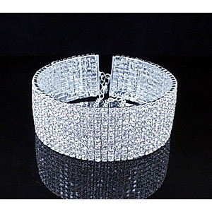 10-Row Clear Austrian Crystal Rhinestone Choker Necklace Silver Party WED N088 (10 Row Silver)
