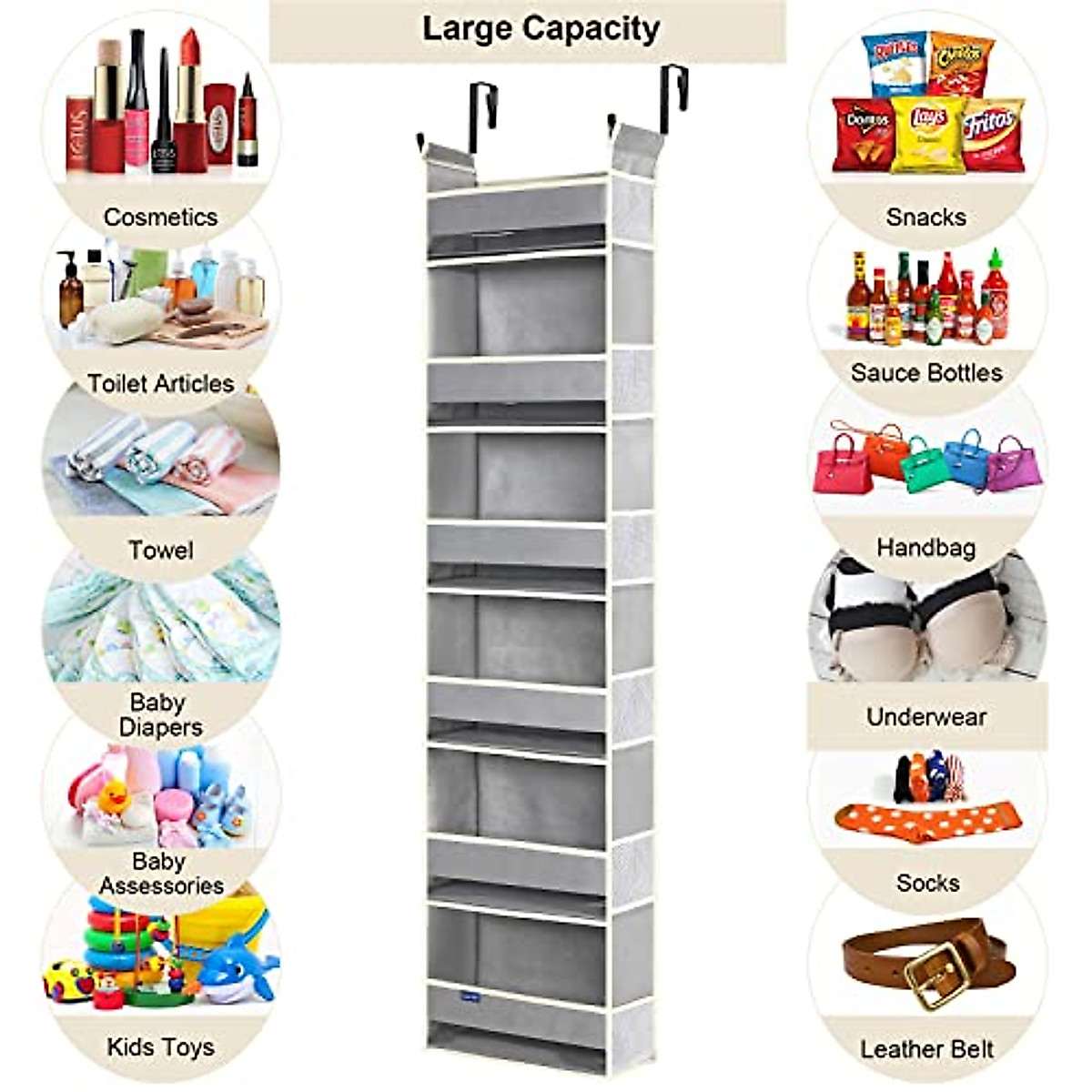 roomtalk Over The Door Hanging Organizer 6-Shelves for Baby Nursery and Bathroom, Door Organizer Hanging with 2 Large Metal Hooks and 12 Pockets for Children Bedroom, Over The Door Storage, Grey