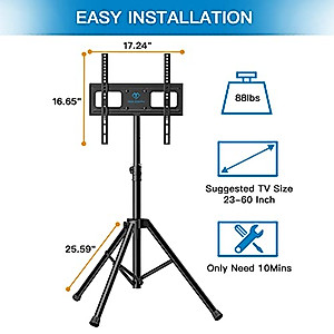 PERLESMITH TV Tripod Stand-Portable TV Stand for 23-60 Inch LED LCD OLED Flat Screen TVs-Height Adjustable Display Floor TV Stand with VESA 400x400mm, Holds up to 88lbs PSTM1
