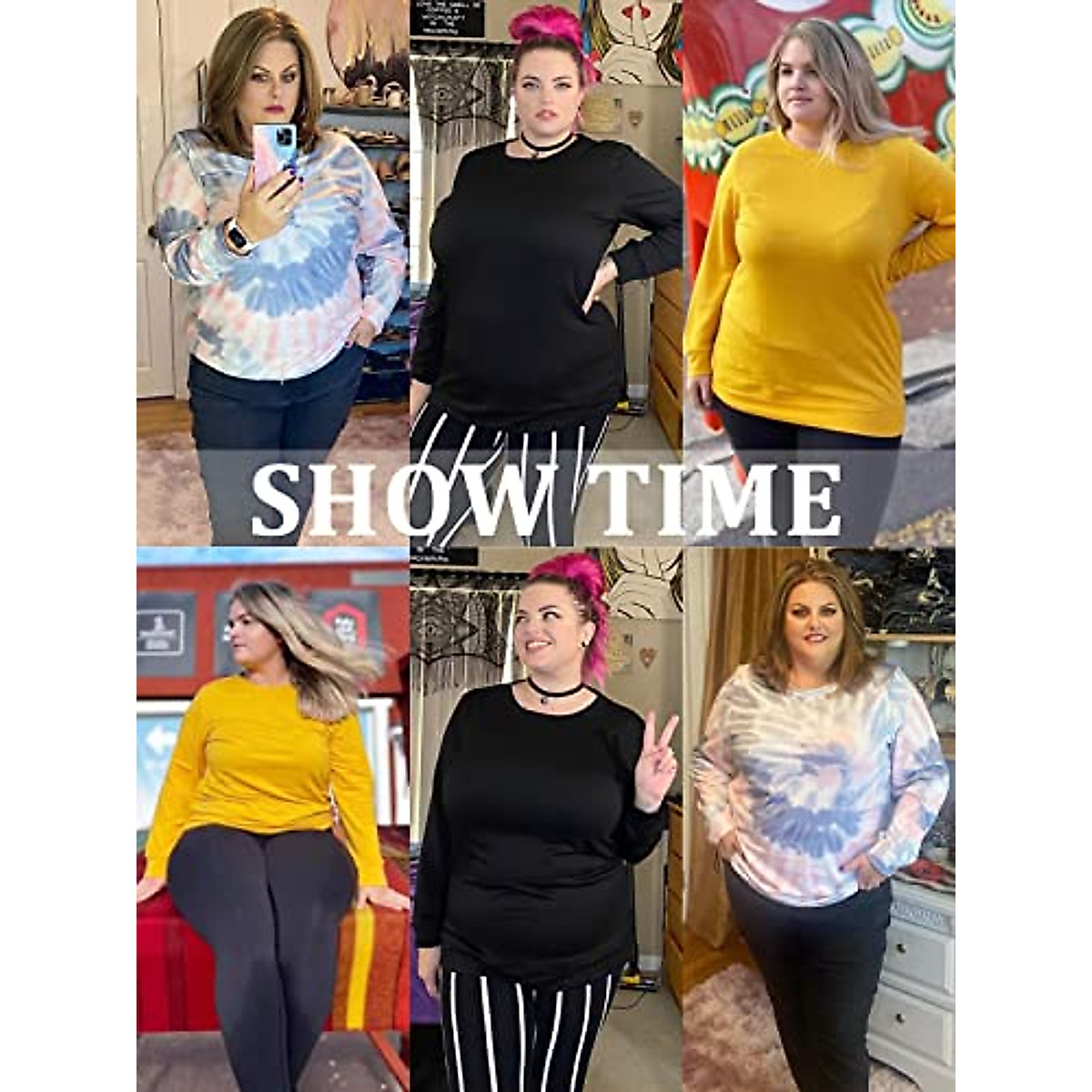 ROSRISS Plus-Size Tops for Women 4XL Long Sleeve Crewneck Shirts Trendy Sweatshirts 26W C-black