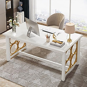 LITTLE TREE 63-inch White Executive Desk, Modern Office Desk with Stable Gold Metal Legs, Large Office Computer Desk, Home Office Business Furniture, Glossy White
