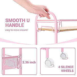 KINGRACK 4-Tier Slim Rolling Cart with Wooden Tabletop, Easy Assemble Metal Utility Cart, Slide Out Narrow Storage Cart for Narrow Space on Bedroom Bathroom Laundry Room Apartments Dormitory,Pink