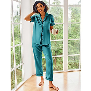 Ekouaer Silk Satin Pajamas Set Women Short Sleeve Sleepwear Soft Button Down Loungewear Pjs Set Dark Green Small