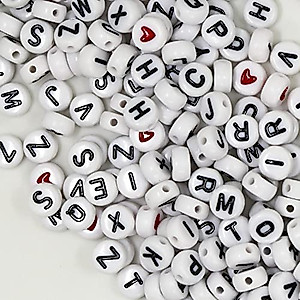 WangLaap 1450Pcs Acrylic 4x7mm Round Letter Beads Kits Alphabet Beads A-Z and Red Heart Black Star Beads for Bracelets Necklaces DIY Jewelry Making (White)