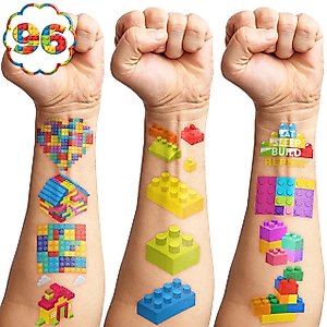 96PCS Building Block Temporary Tattoos Birthday Party Supplies Decorations Tattoos Stickers Super Cute Party Favors Kids Girls Boys Gifts Classroom School Prizes Rewards Themed
