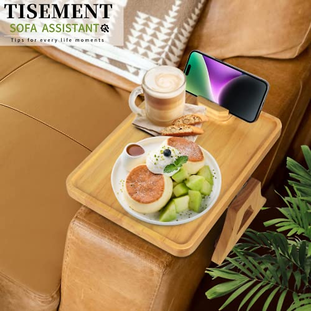 TISEMENT Couch Tray for Wide Sofa, 11.8’’ × 8.7’’ Clip On Sofa Arm Tray with 360° Rotating Bracket,Foldable Couch Arm Table for widening Space, Wooden Couch Cup Holder for Drinks/Snacks/Fruits