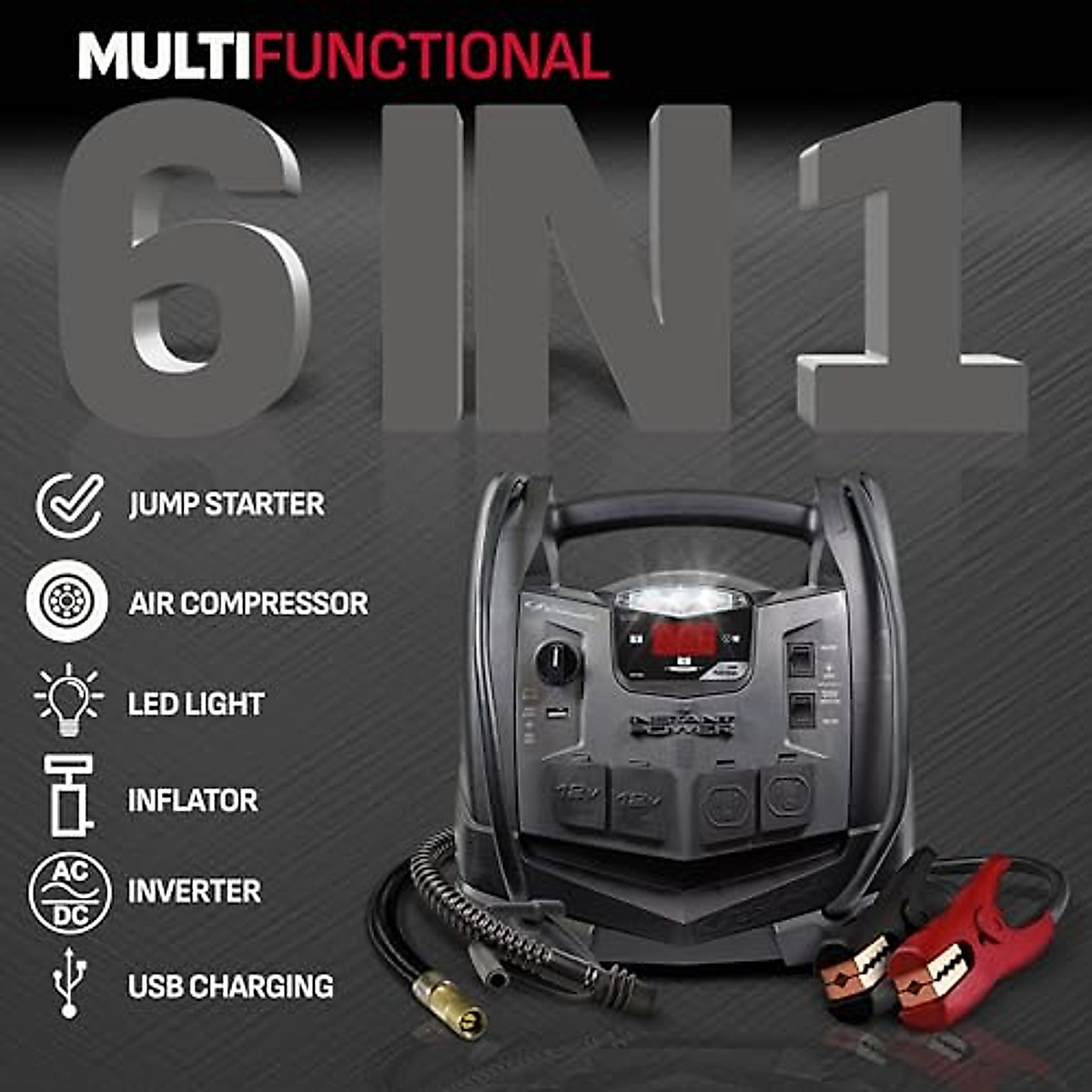Schumacher Electric SJ1332 6-in-1 Portable Power Station and Jump Starter with 150-PSI Air Compressor and 200 Continuous/400 Peak Watt Power Inverter, 1200 Peak Amps, 12 Volts, Black, 1 unit