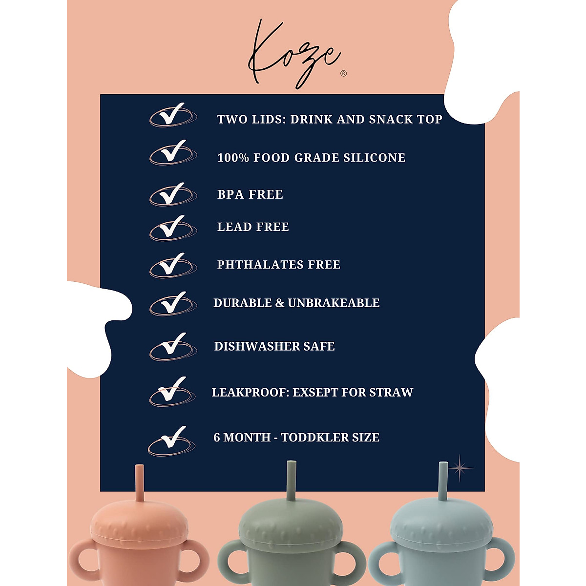 KOZE Toddler Baby Silicone Sippy Cup w Straw | Training Cup, Unbreakable 100% Silicone, Dishwasher Safe, BPA Free, 6 oz, Baby 6+ months Transition | 2-in-1 Acorn BONUS Snack Top!