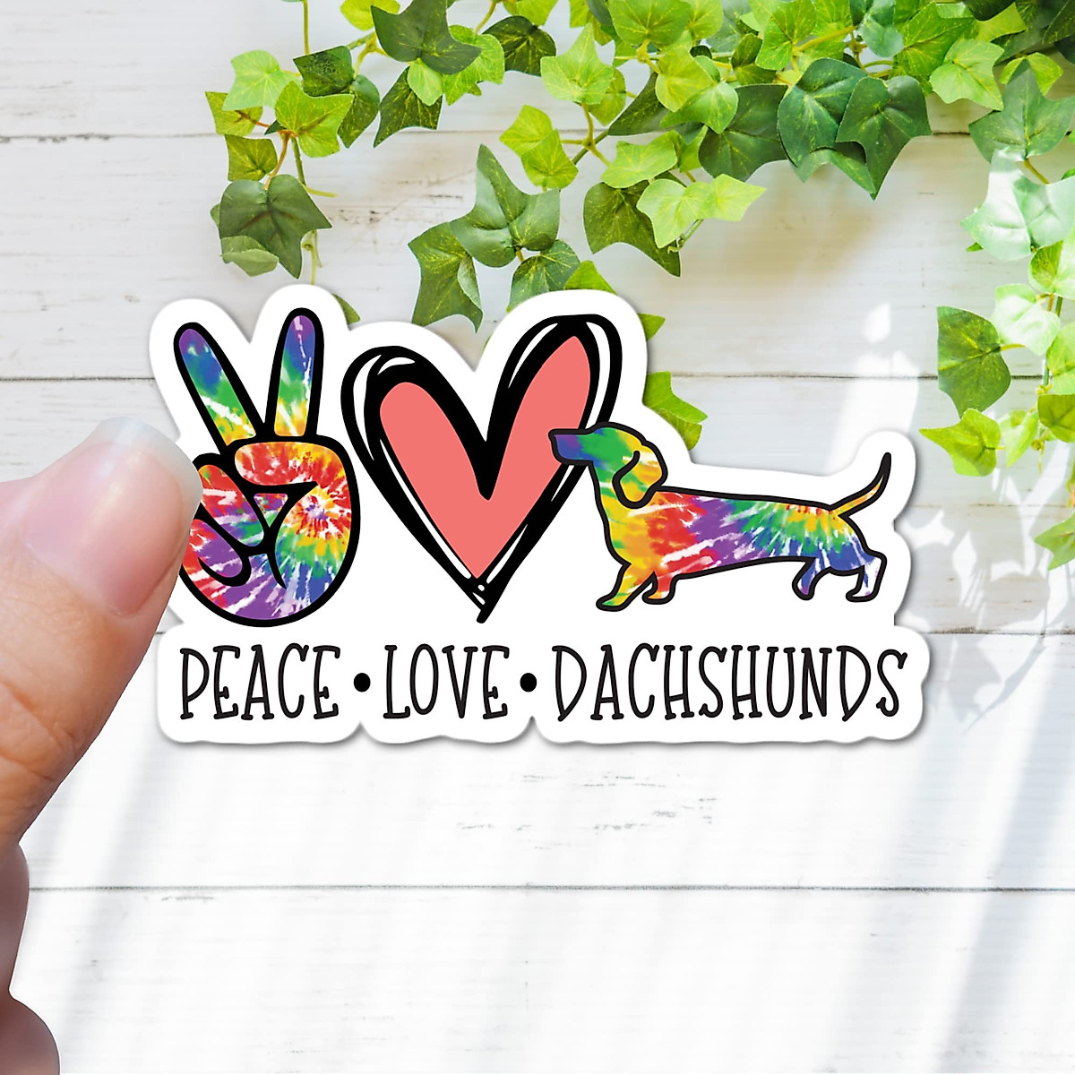 3.5" Dachshund tie dye hippie rainbow colors peace love doxie Quality Laminated Sticker Decal gift for friends family perfect for tumber mug pc kindle tablet