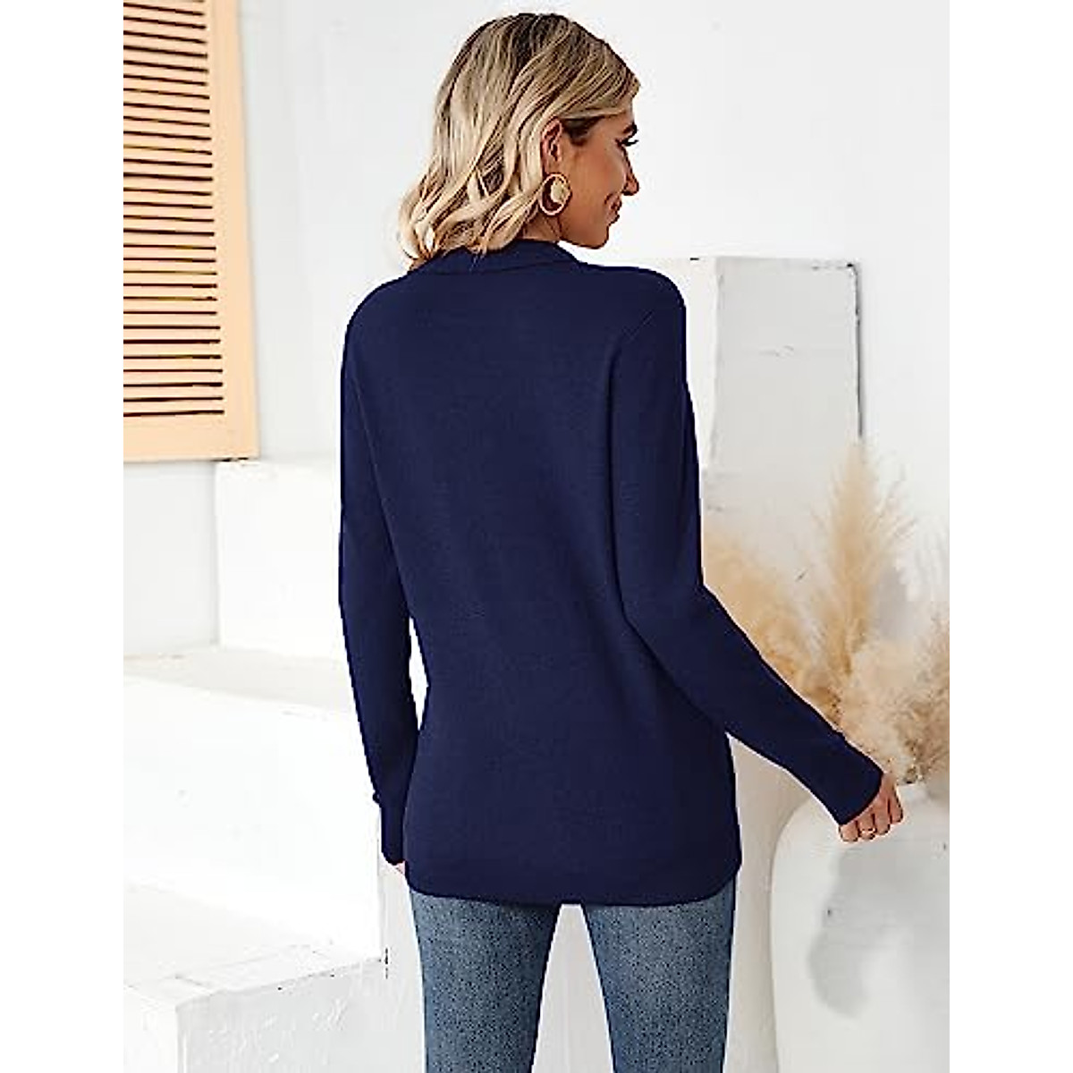 Romanstii Women's Knitted Polo Sweaters Long Sleeve V Neck Collared Shirts Winter Pullover Tops,Navy Blue,L