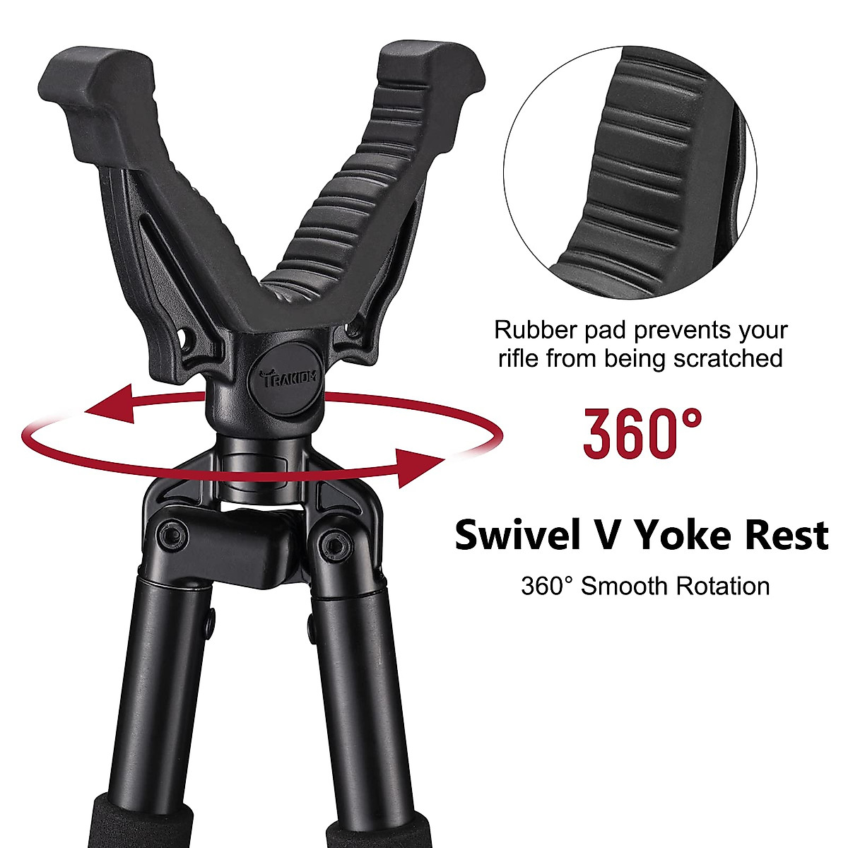 Trakiom Bipod Shooting Sticks for Hunting， Shooting Bipod for Hunting, Adjustable Bipod Shooting Rest, Rifle Bipod with 360° Rubber V Yoke Rest, Twist Lock, Lightweight Aluminum Frame and Spike Feet
