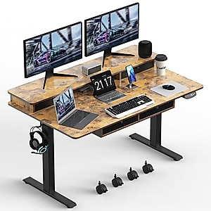 ExaDesk Electric Standing Desk, 63 * 30 Inches Adjustable Height with 4 Drawers, Double Storage Shelves Stand Up Desk, Home Office Workstation Sit Stand up Desk (Rustic Brown)