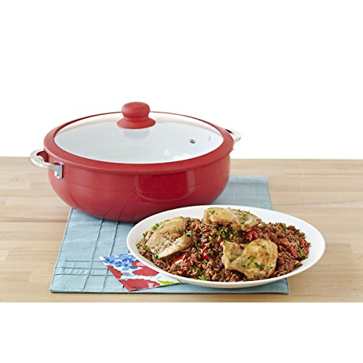 IMUSA USA 3.2Qt Red Ceramic Nonstick Caldero (Dutch Oven) with Silicone Rim & Glass Lid