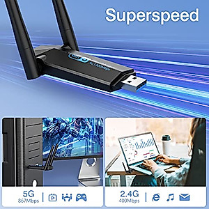 USB WiFi Adapter, ElecMoga 1300Mbps WiFi Dongle USB 3.0 Dual Band 5G/2.4G Wireless Network Adapter for Desktop Laptop PC, Dual 5dBi Antennas, Supports Windows 11/10/8.1/8/7, Mac OS 10.9-10.15