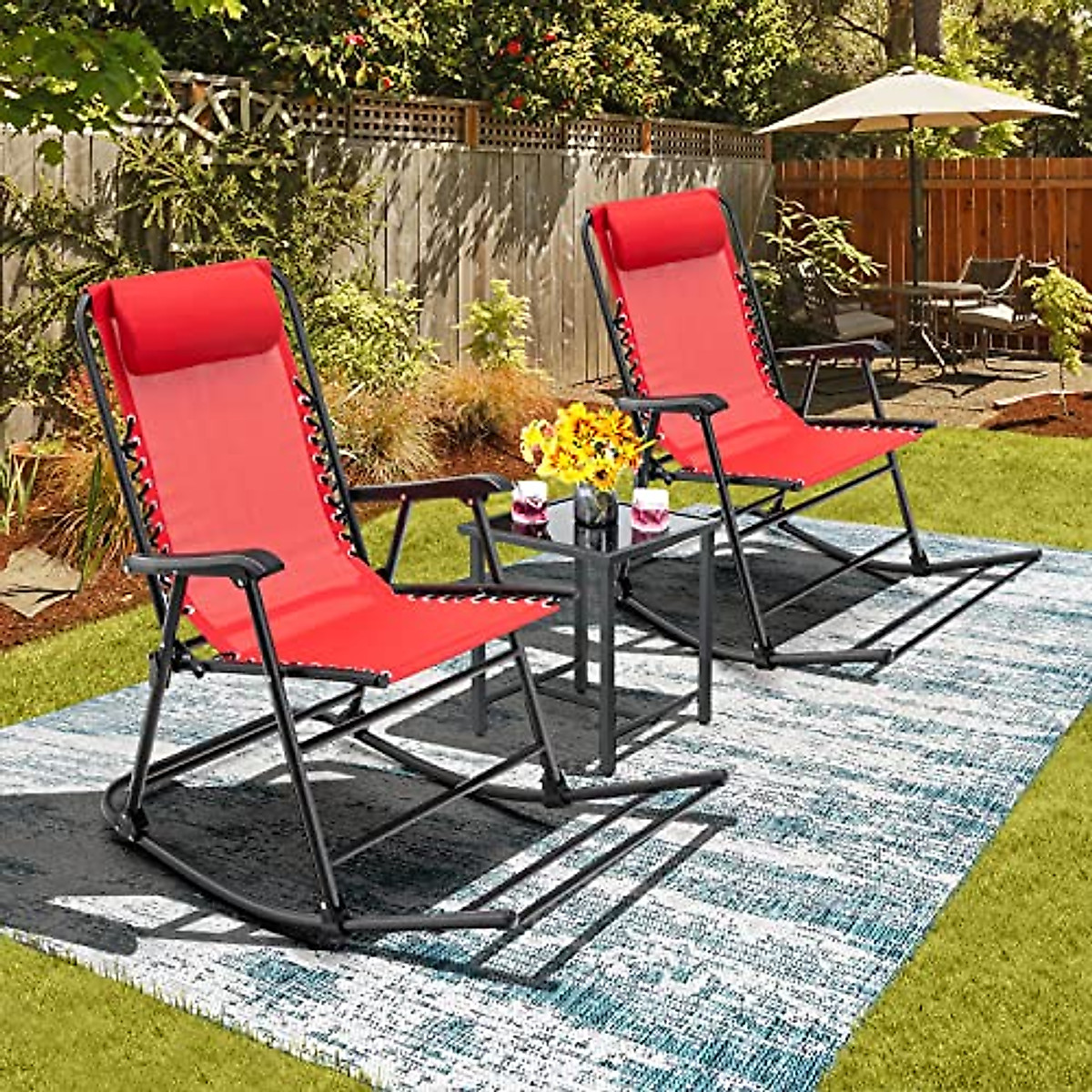 Tangkula Outdoor Folding Rocking Chair, No Assembly Required, Foldable Rocker Recliner with Headrest, Portable Lounge Chair for Camping, Patio, Lawn, Garden, Yard or Balcony