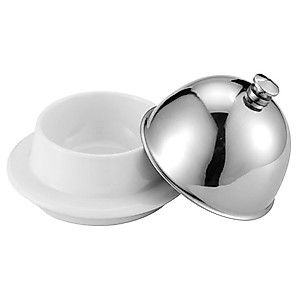 Tofficu 3pcs Ceramic Butter Dish with Stainless Steel Dome Round Butter Dish Porcelain Cheese Keeper Container Cupcake Display Stand Tray (3)