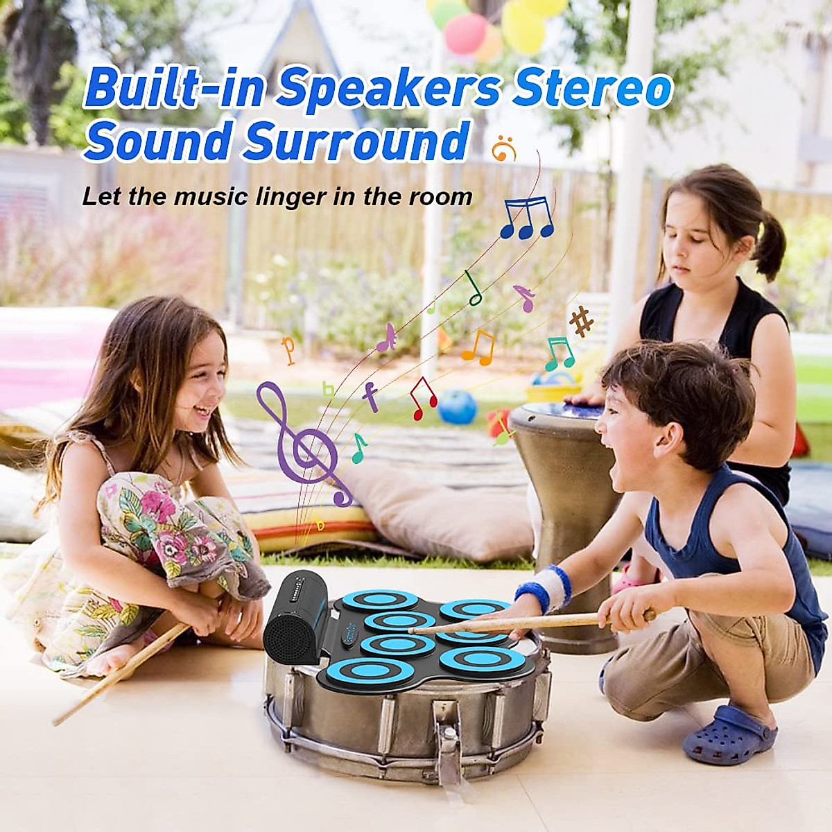 KONIX Electronic Drum Pad for Kids - 7 Pads Roll Up Electric Drum Kit Rechargeable - Digital Drum Sets with Headphone Jack, Speaker, Pedals, Demo Songs, MP3 USB Port, Sticks - Blue