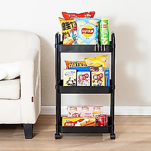 Gagee 3 Tier Rolling Cart with Wheels and Handle,Rolling Storage Cart for Office, Living Room, Laundry Room,Kitchen,Bathroom,Black