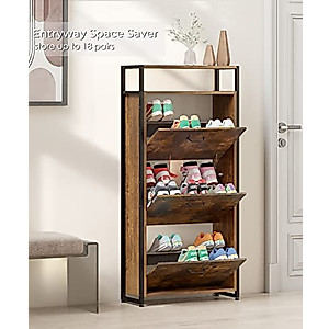 HAIOOU 3 Drawer Industrial Shoe Cabinet, Slim Freestanding Wood Shoe Rack Storage Organizer Stand with Flip Doors, Open Storage Shelf, Anti Toppling Device for 15-18 Pairs - Rustic Brown & Black