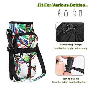 Nuovoware Water Bottle Carrier Bag, 25oz/32oz Bottle Pouch Holder, Adjustable Shoulder Hand Strap 2 Pocket Sling Neoprene Sleeve Sports Water Bottle Bag for Men Women Hiking Travel, Lucky Tree
