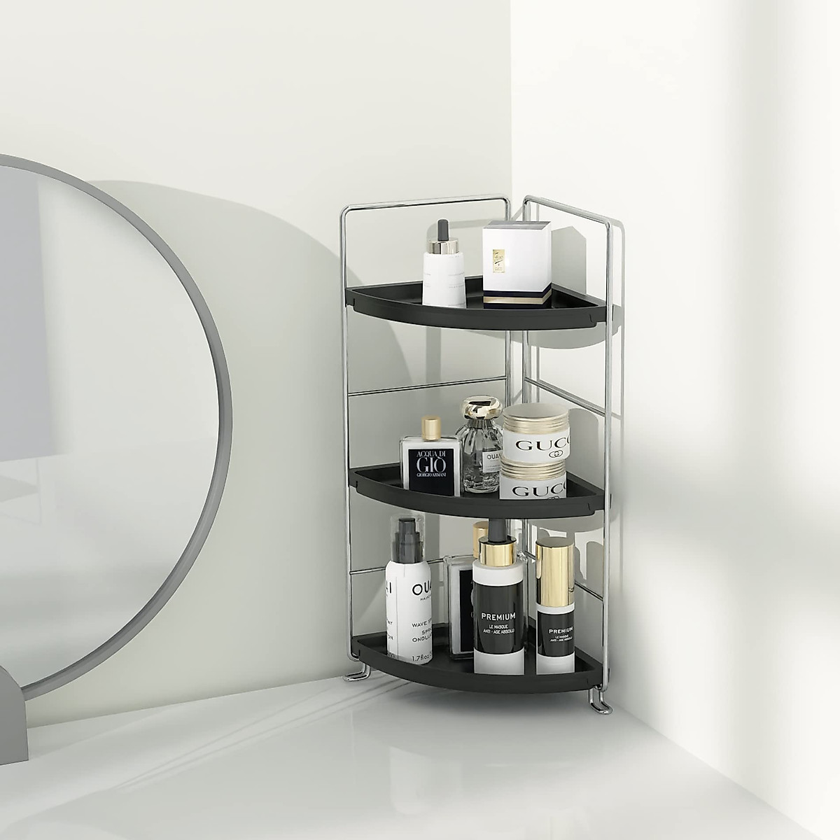 NLBTW 3 Tier Corner Bathroom Organizer Countertop, Bathroom Counter Shelf Vanity Organizer and Storage Cabinet for Makeup Skin Care Perfume Organizer Tray or Kitchen Spice Rack (Silver & Black)