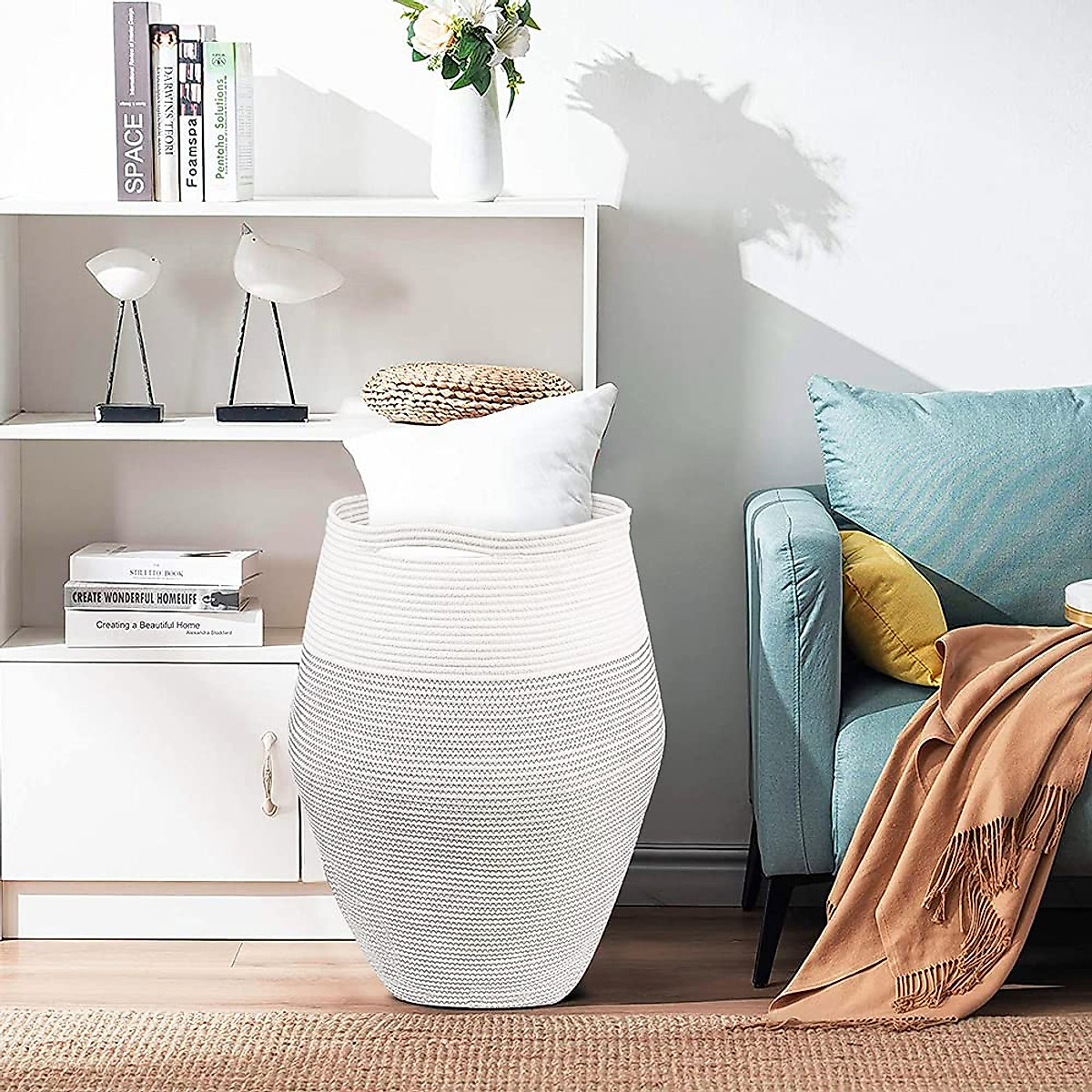 ROPECUBE 145L laundry basket with Lid, Large Foldable Laundry Hamper for laundry with net bag,Clothes Basket Organizer with 2 storage bag for Bedroom and Bathroom (White 俺的 Gray)