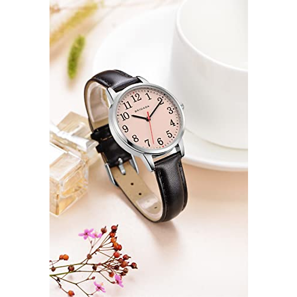 BRIGADA Women's Watch Nice Fashion Elegant Pink Black Leather Band Ladies Watch for Women
