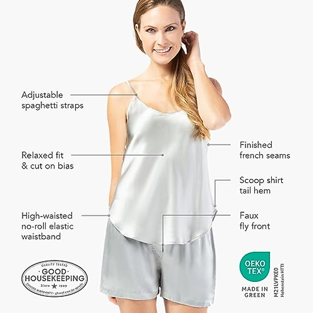 Fishers Finery Women's 100% Pure Silk Cami Boxer Pajama Set IMPROVED FIT; Camisole Sleep Top and Shorts (White, XL)