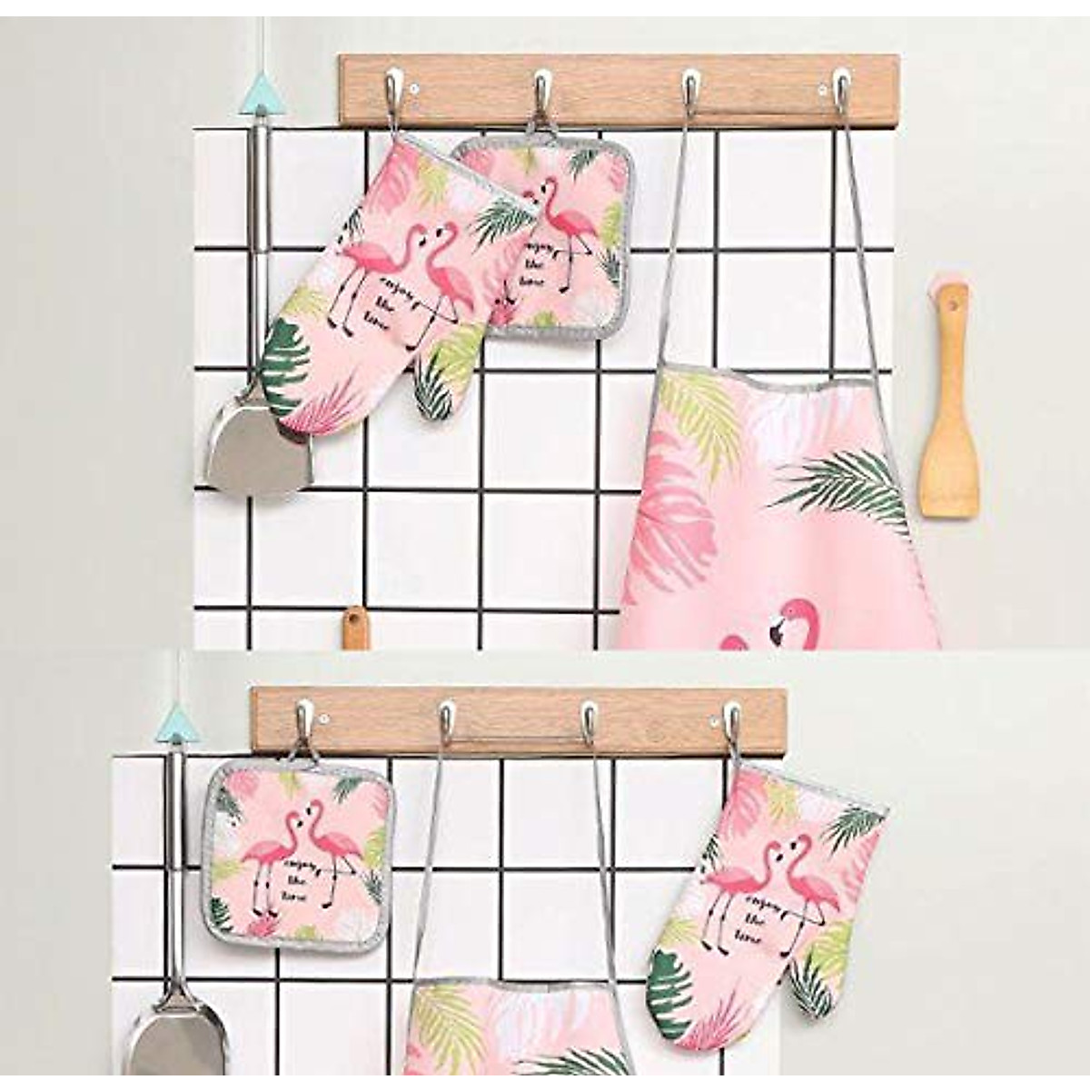 Sohapy Oven Mitt & Potholders Set Kitchen Heat Resistant and Machine Washable for Cooking Baking Grilling and BBQ Decorative (Pink)