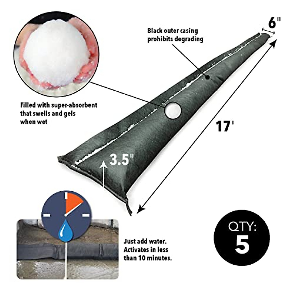 Quick Dam QD617-5 Water Activated Flood Barrier, 5 Pack, Black
