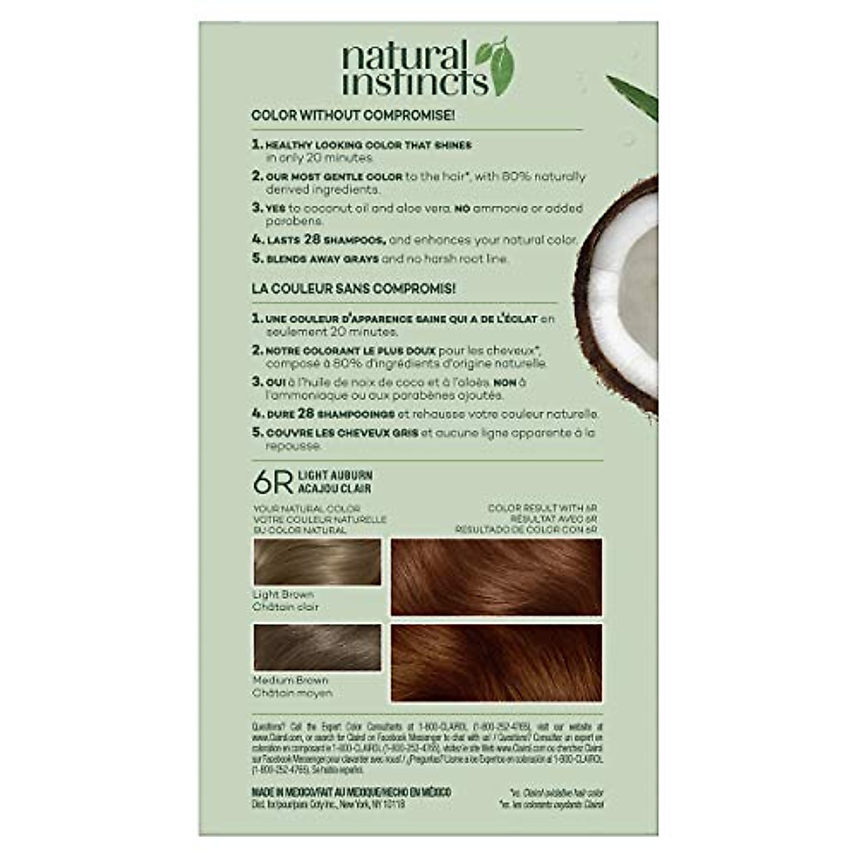 Clairol Natural Instincts Demi-Permanent Hair Dye, 6R Light Auburn Hair Color, Pack of 3
