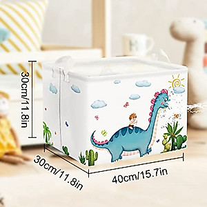 Clastyle Blue Dinosaur Baby Playing Trees Shelf Basket for Kids Room Butterflies Clouds Rectangle Book Toy Clothes Cube Storage Basket, 36L
