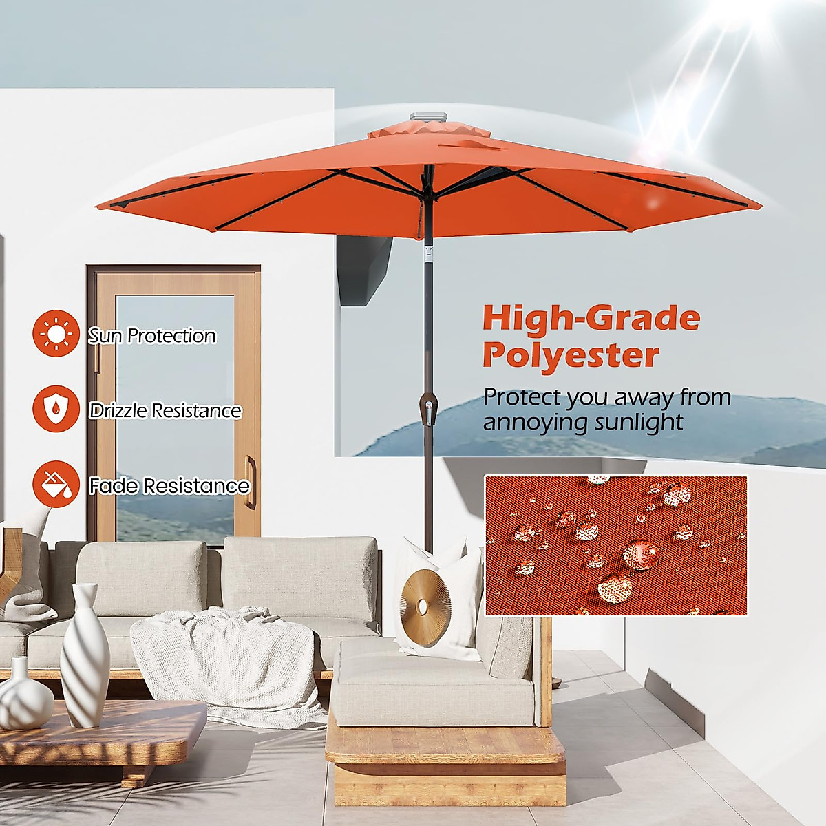 Giantex 9ft Outdoor Patio umbrella with Solar Lights, Table Market Umbrella with Crank and Push-button Tilt System, Solar LED Lighted Patio Umbrella for Backyard Deck Pool Beach (Orange)