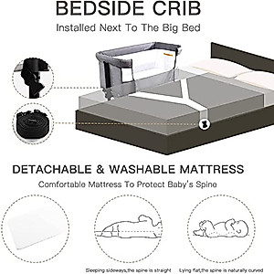 nordmiex 3 in 1 Baby Crib Bedside Crib,Baby Bassinet,Adjustable Portable Bed for Infant/Baby,Deep Grey
