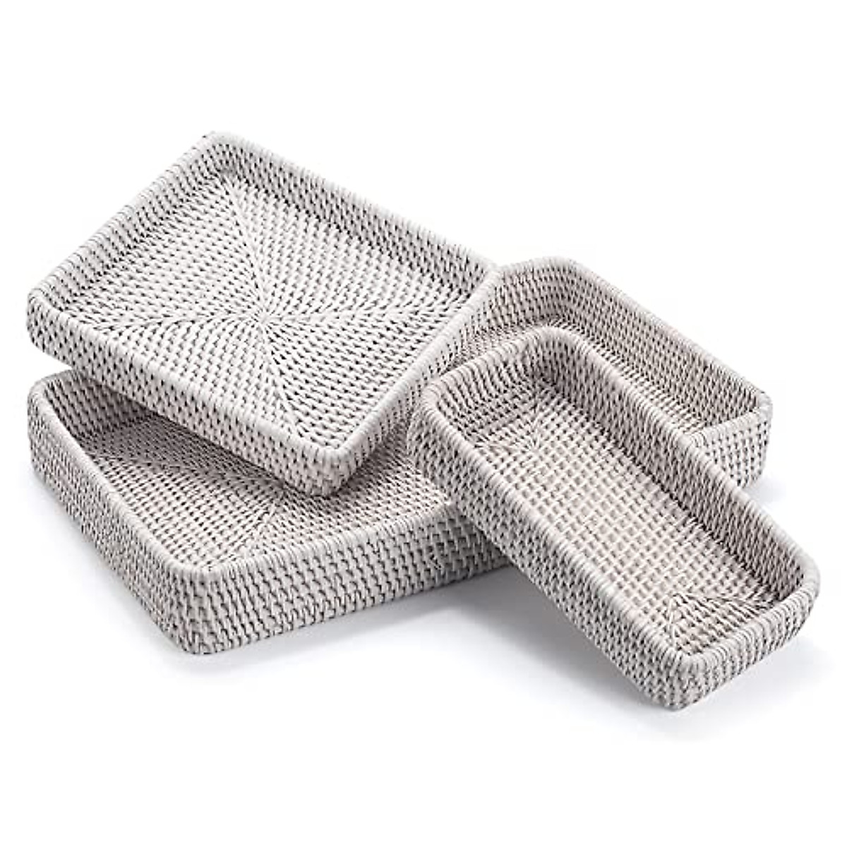 Rattan Serving Tray, Rectangular Woven Tray, Natural Wicker Decorative Serving Baskets for Organizing Tabletop Bathroom Kitchen Counter (White)