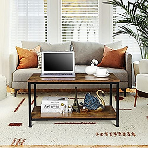 SUPER DEAL 2-Tier Industrial Coffee Table with Storage Shelf for Small Apartment Living Room, Rectangle Wood and Stable Metal TV Stand Side End Table, Retro Brown
