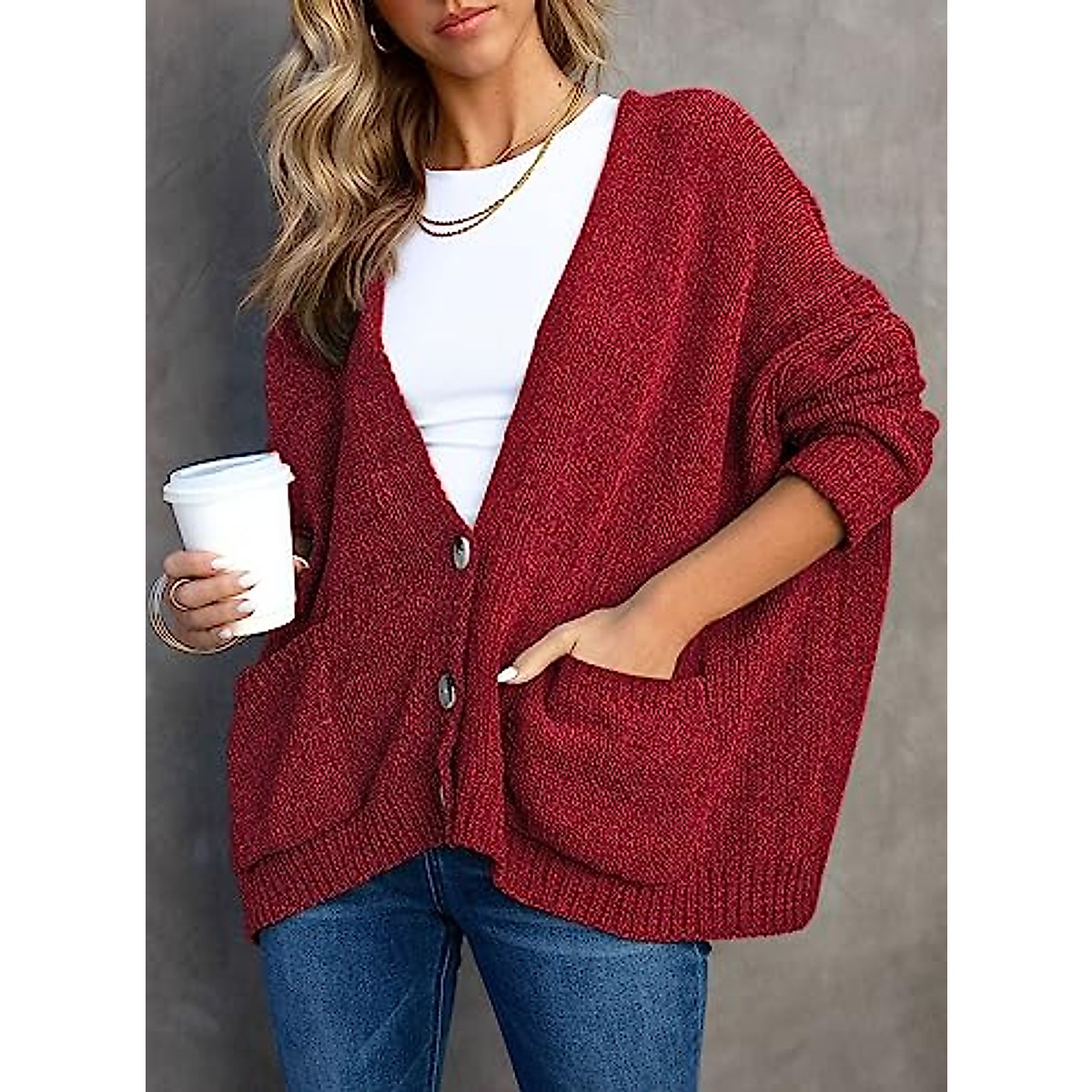 Sidefeel Fall Sweaters for Women 2023 Long Sleeve V Neck Button Bown Open Front Casual Oversized Chunky Knit Pullover Sweaters Medium Burgundy