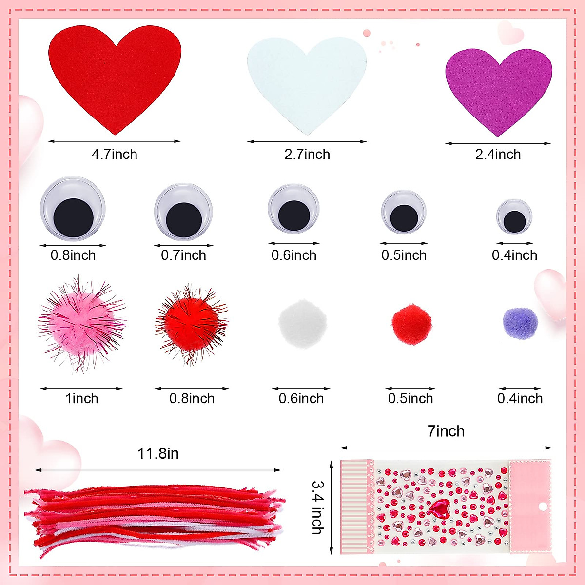 436 Pieces Valentine's Day Felt Heart Craft Kit Assorted DIY Heart Ornaments Decorations with Pom-poms Cleaners Googly Eyes Gem Sticker Craft Supply for DIY Craft Party Favor Scrapbook Decor