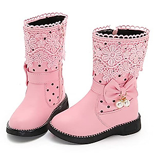 DADAWEN Girl's Waterproof Lace Bowknot Side Zipper Fur Winter Boots (Toddler/Little Kid/Big Kid) Pink(Update) US Size 2 M Little Kid