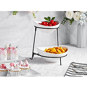 ONEMORE Tiered Serving Stand - 2 Tier Ceramic Chip and Dip Bowls with Collapsible Food Display Stand - Perfect for Parties, Buffets and Entertaining - White