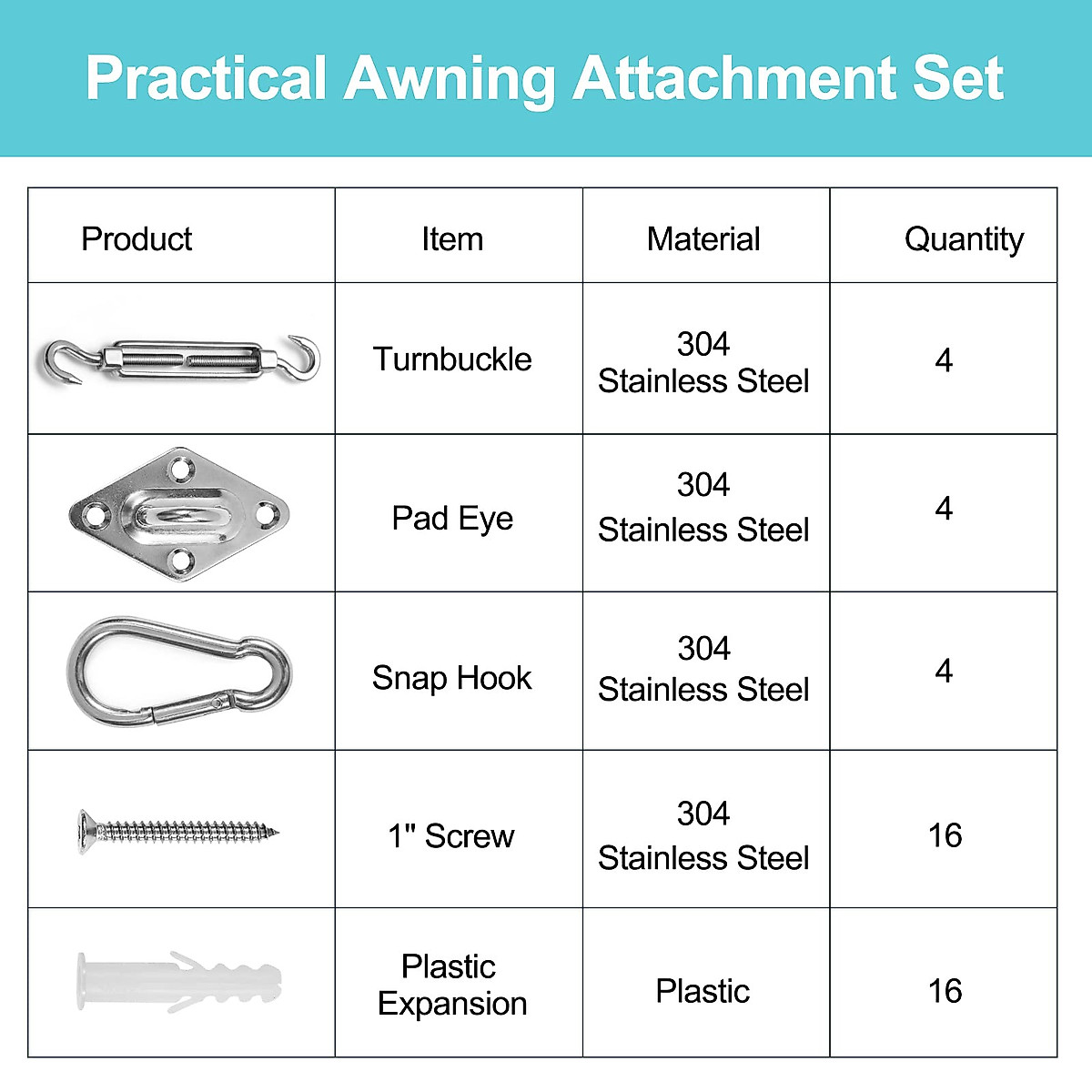 HOMPER M6 Awning Attachment Set, Heavy Duty Sun Shade Sail Stainless Steel Hardware Kit for Garden Triangle and Square, Rectangle, Sun Shade Sail Fixing Accessories