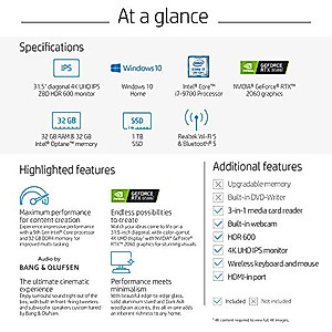 HP ENVY 32 All-in-One PC, 9th Gen Intel Core i7-9700 Processor, 4K UHD monitor, NVIDIA GeForce RTX 2060 graphics (6 GB), 32 GB RAM, 32 GB Intel Optane, 1 TB SSD, Windows 10 (32-a0040, Black) (6YR48AA)