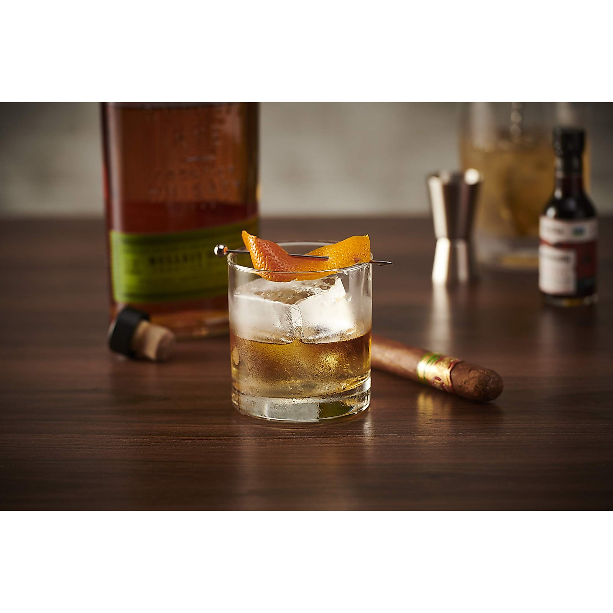 Whiskey Cocktail Kit: Rocks Drinking Glass Set, 750ml Crystal Mixing Glass, Ice Cube Mold, Stainless Bar Spoon Muddler, Strainer, Jigger, Garnish Picks, Bitters, Recipes Cards for Old Fashioned & More