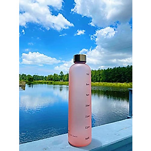 Water Bottle with Time Marker, 32oz 1 Liter, BPA Free Frosted Plastic, Reusable Water Bottle, Leakproof (Blush-Pink)