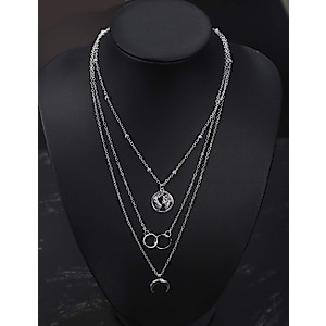 fxmimior 2 Tier Boho Dainty Layered Necklace Moon Necklaces Map Pendant Silver Gold Jewelry Stackable Choker Necklaces for Women and Girls (Silver)