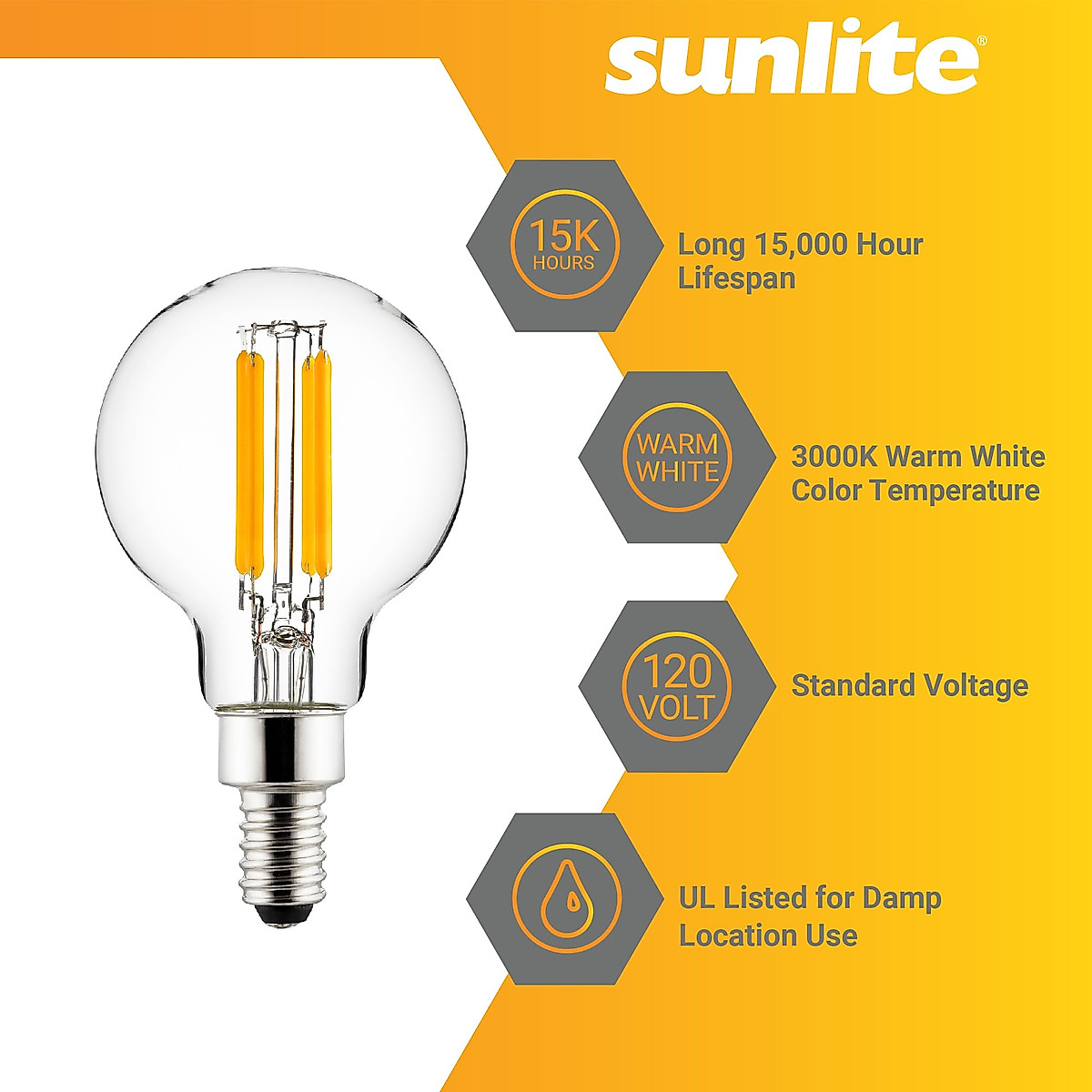 Sunlite 41547-SU LED G16.5 G16 1/2 Filament Style Globe Light Bulb, 5 Watts (60W Equivalent), 500 lumens, Dimmable, Candelabra Base (E12), UL Listed, 3000K Warm White, 6 Count