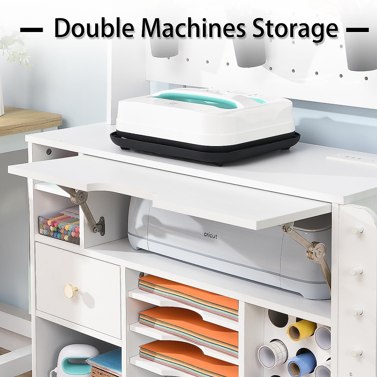 Cooday Craft Organization and Storage Cabinet Compatible with Cricut Machines, Craft Table with Storage for Adults, Crafting Desk with Power Outlet,Pegboard, Vinyl Holders