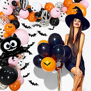 Halloween Balloon Arch Garland Kit, 18" 10" 5" Orange Pink Black Balloons with Big Bat Balloons 3D PVC Bat Stickers for Halloween Party Decorations Halloween Decorations Outdoor
